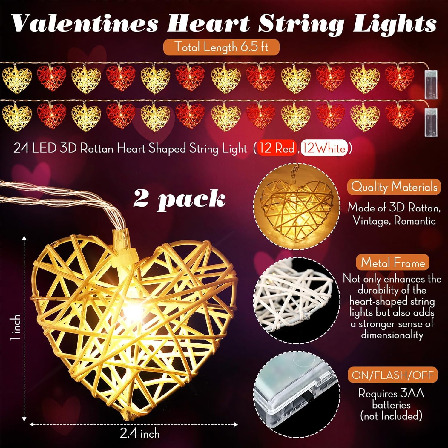 PYYAN-2 Pack Valentines Heart String Lights, Vintage Rattan Heart ...