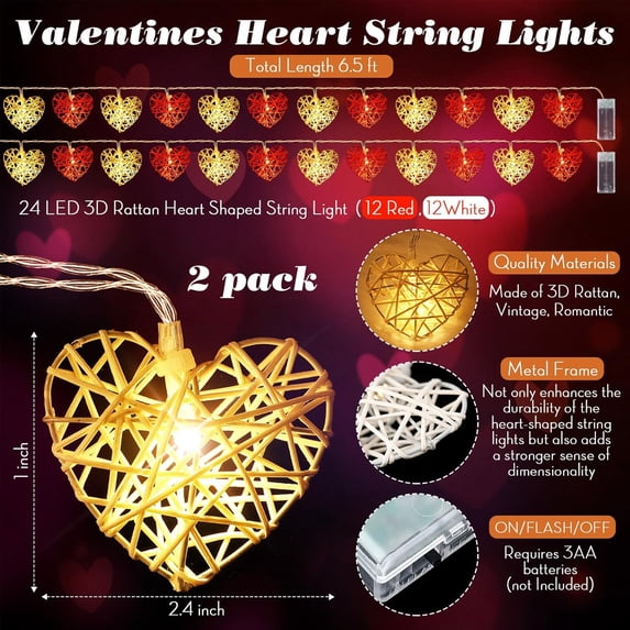 PYYAN-2 Pack Valentines Heart String Lights, Vintage Rattan Heart ...
