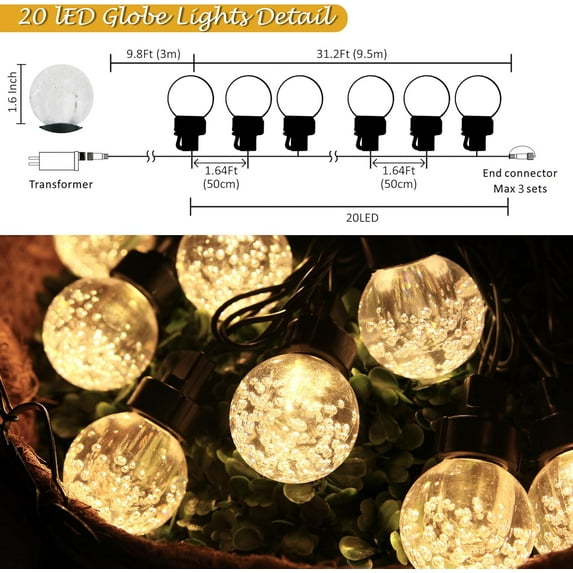 PYYAN-20 LED 41FT Globe Ball String Lights, G40 Crystal Bubble Ball ...