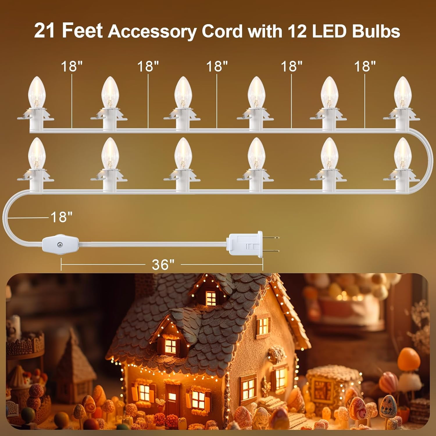 PYYAN-21 FT Christmas Village Lights, Accessory Cord with 12 LED Bulbs ...