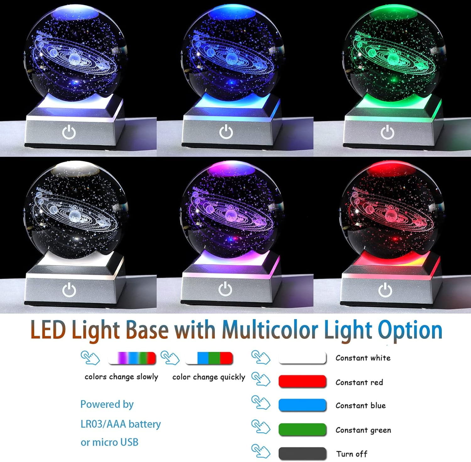 PYYAN-3.15" K9 Crystal 3D Solar System Ball with Silver LED Colorful ...
