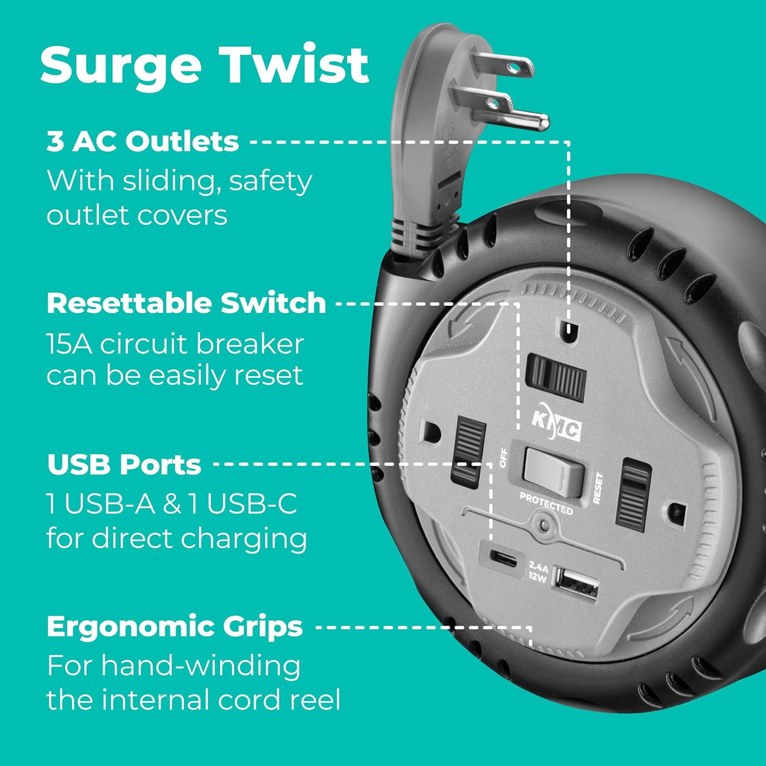 PYYAN-3-Outlet Surge Twist Cord Reel, USB-C & USB-A Ports, Retractable ...