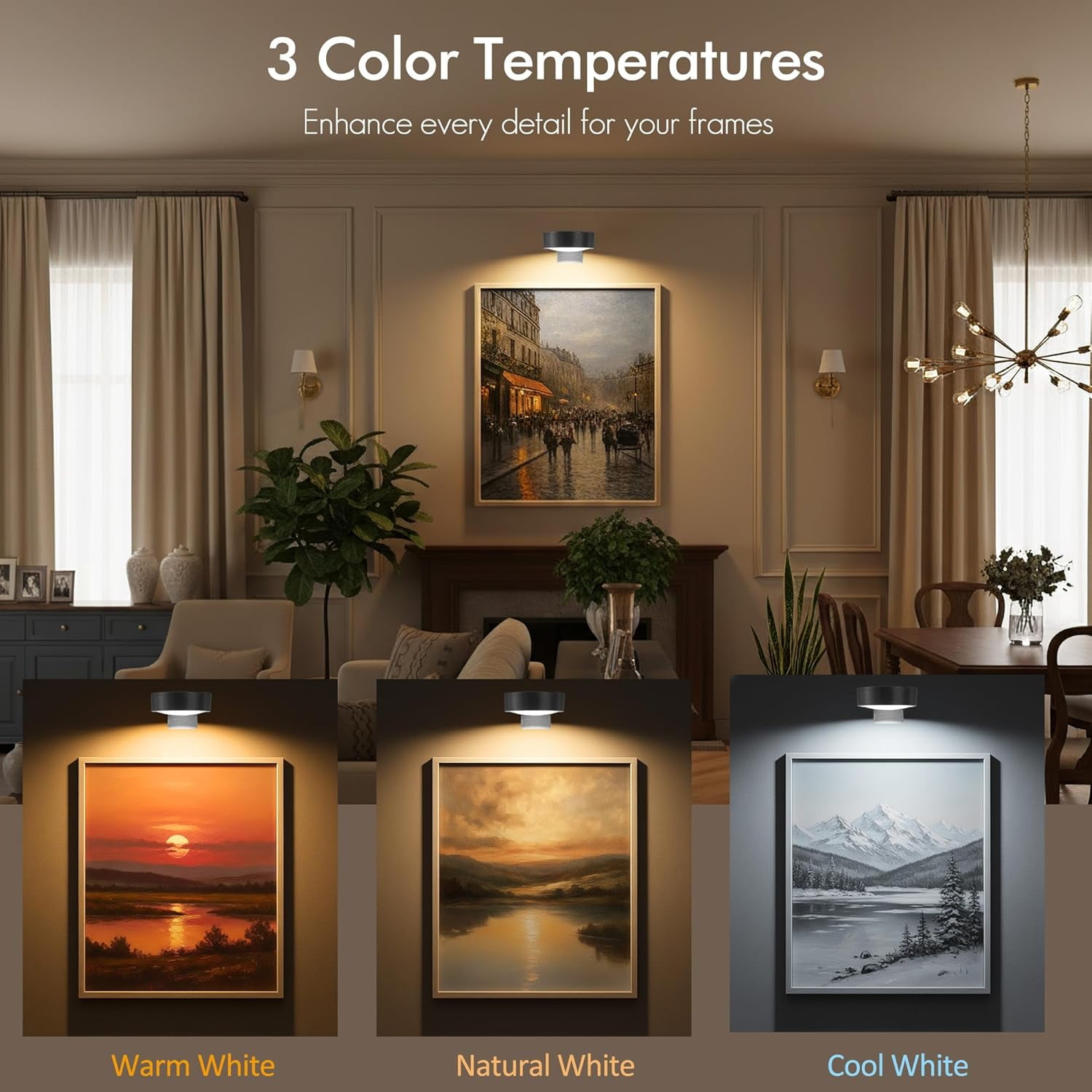 PYYAN-3-Pack Picture Lights for Wall, Rechargeable Battery Operated LED ...