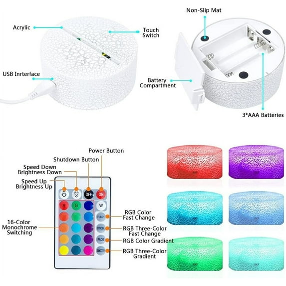 PYYAN-3D Illusion Night Light LED Lamp with Remote Control 16 Color ...