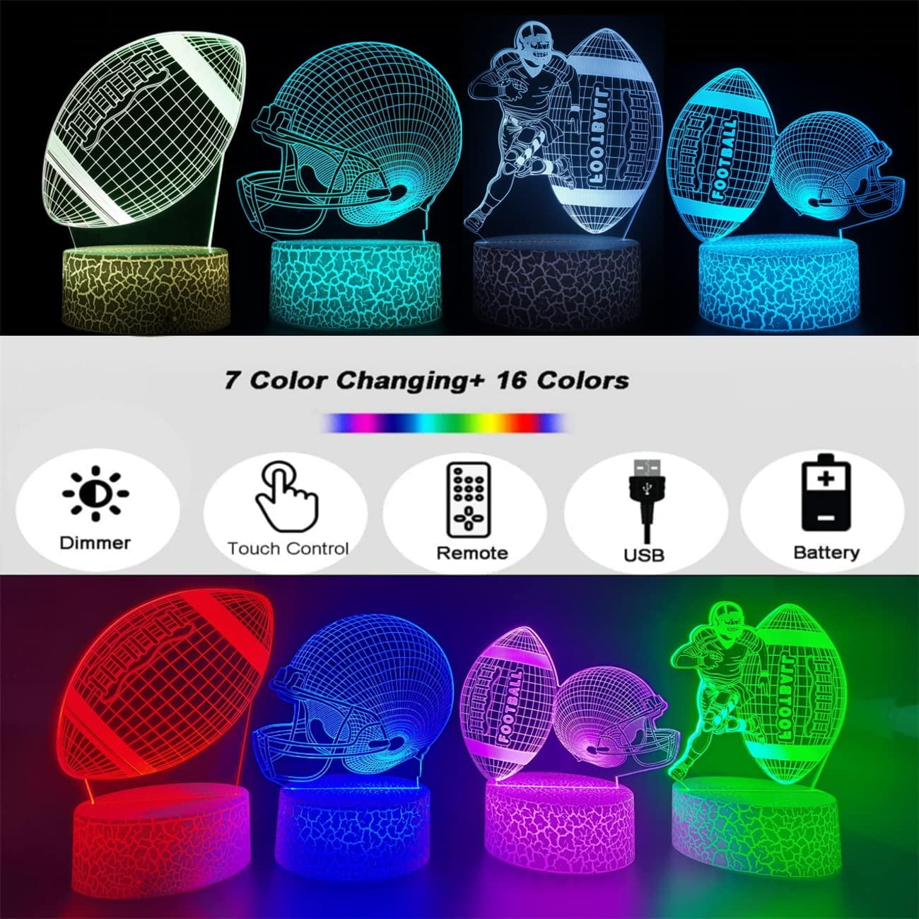PYYAN-3D Night Light - Football 4 Patterns Hologram Lamp, Dimmable ...