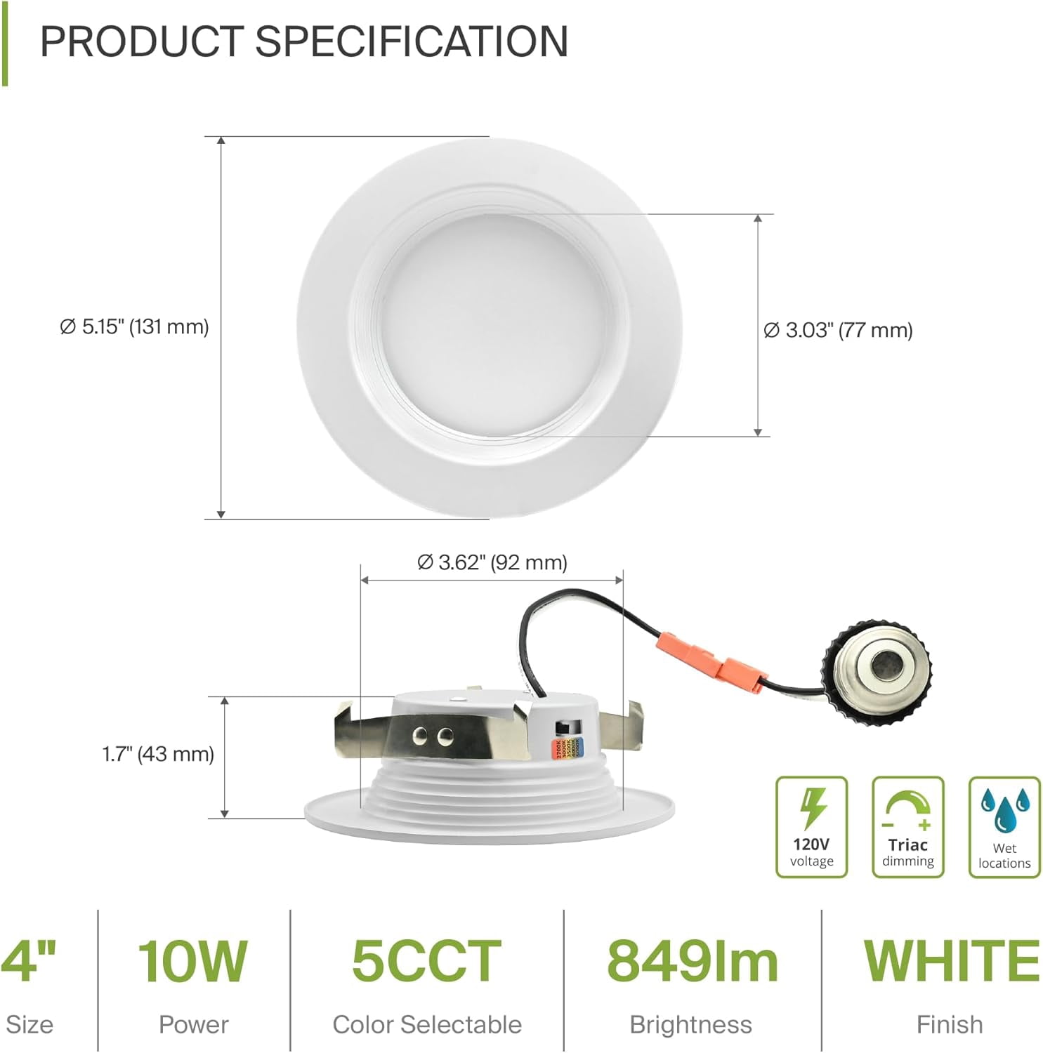 PYYAN-4 Inch Retrofit LED Recessed Lighting | Metal Trim White 10W ...