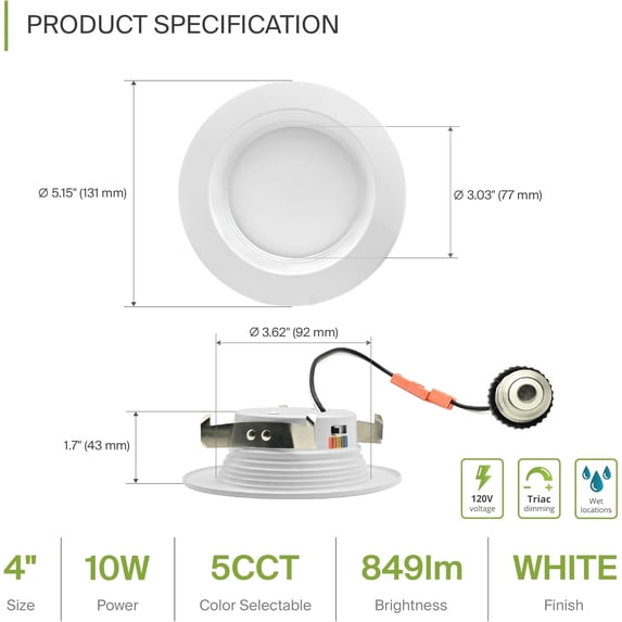 PYYAN-4 Inch Retrofit LED Recessed Lighting | Metal Trim White 10W ...