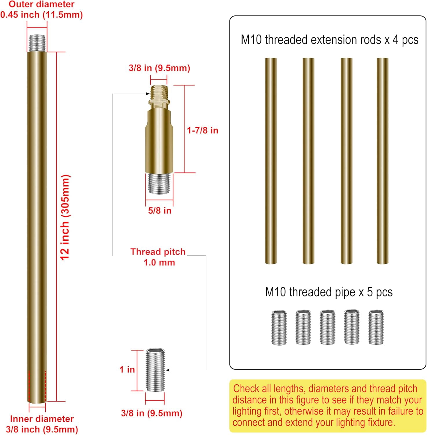 PYYAN-4 Pieces 12-inch M10 Threaded Extension Poles Lighting Fixture ...