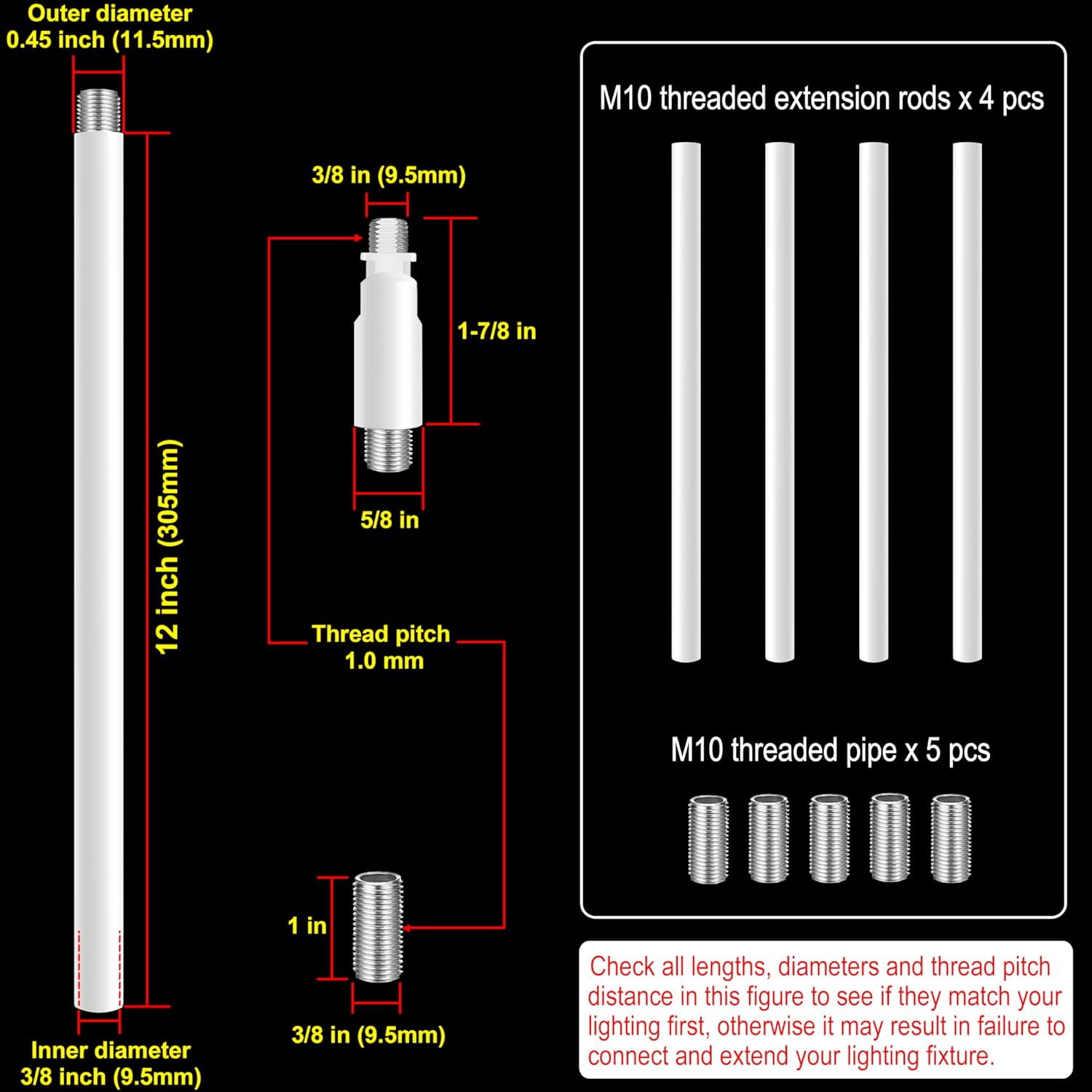 PYYAN-4 Pieces 12-inch M10 Threaded Extension Poles Lighting Fixture ...
