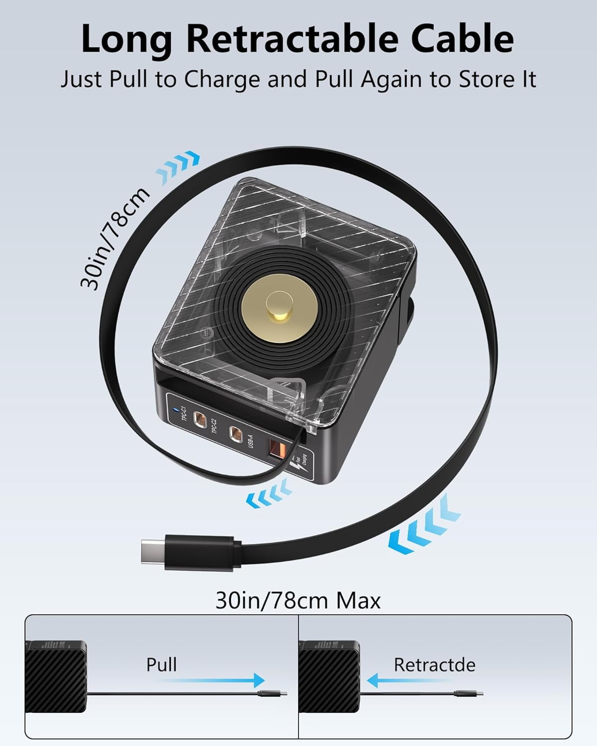 PYYAN-40W Retractable Wall Charger with Type-C Cable, 4 Port GaN IV USB ...