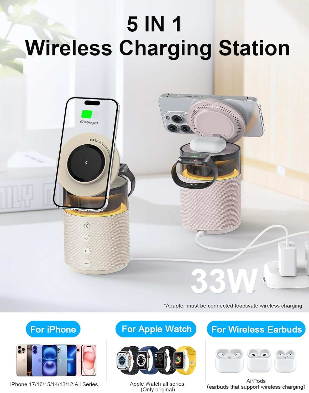 PYYAN-5-in-1 Wireless Charging Station with Bluetooth Speaker,Magnetic ...