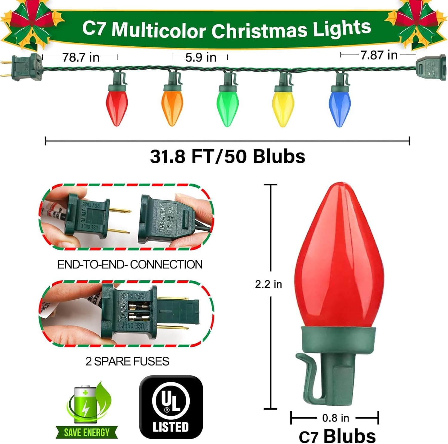 PYYAN-50 LED C7 Christmas Lights, 31FT C7 LED Christmas String Lights ...