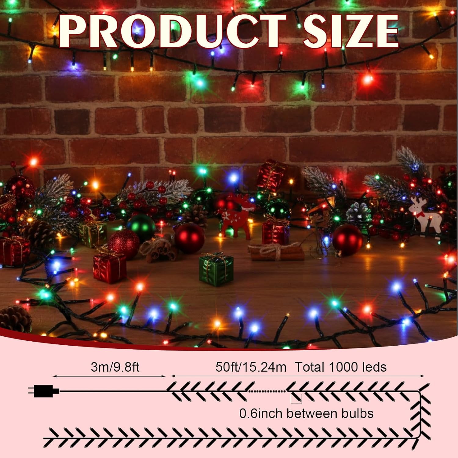 PYYAN-50Ft 1000 LED Cluster Lights for Christmas Tree Plug in ...