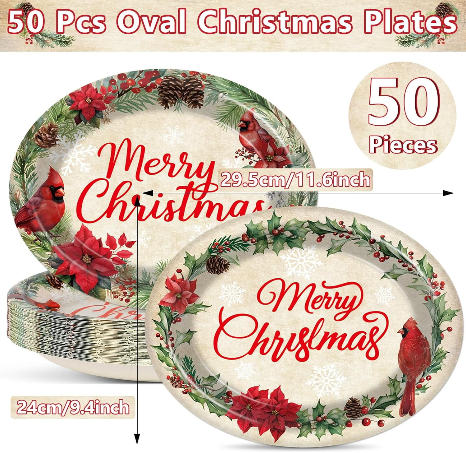 PYYAN-50PCS Christmas Oval Plates Cardinal Bird Large Tableware Xmas ...