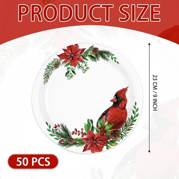 PYYAN-50Pcs Christmas Party Supplies 9" Red Cardinal Bird Paper Plates ...
