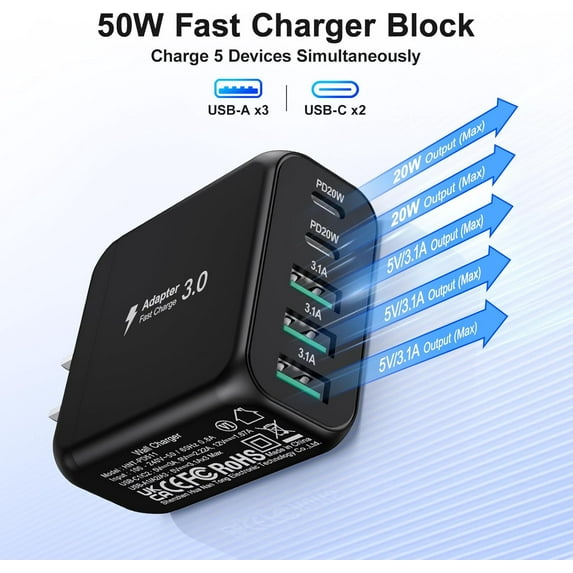 PYYAN-50W USB C Charger Block, 5-Port Fast USB C Wall Charger Multiport ...