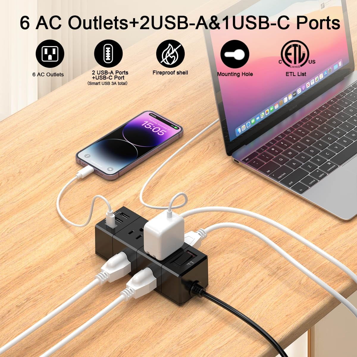 PYYAN-5Ft Extension Cord Flat Plug Power Strip - 3-Side Outlet Extender ...