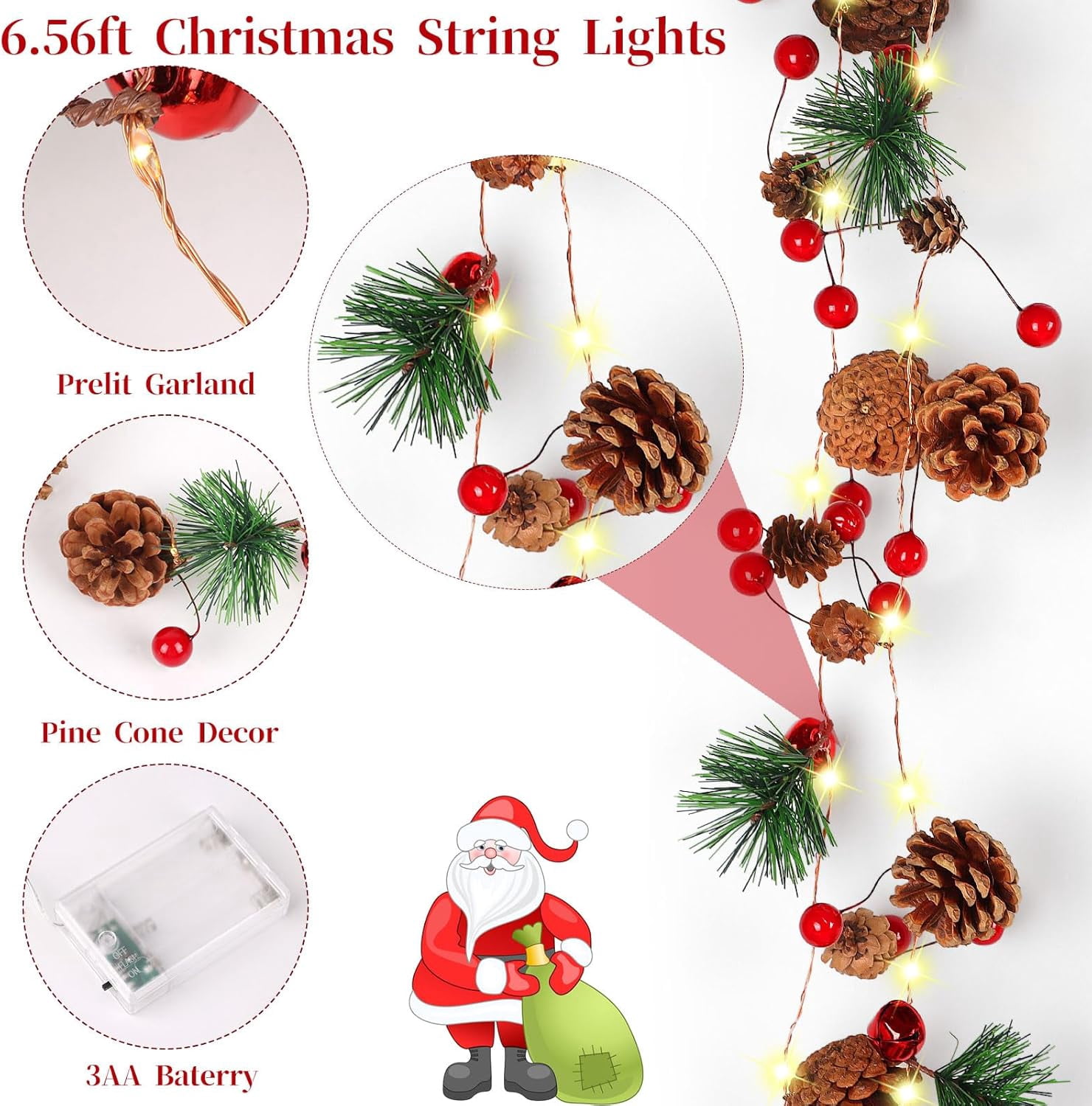 PYYAN-6.56ft Christmas Pine Cone Garland, Light up Garland String ...