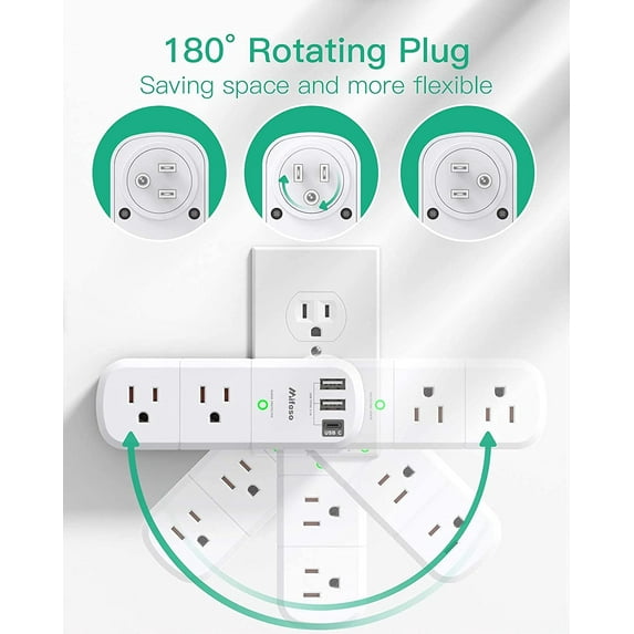 PYYAN-6 AC Multi Plug Outlet and 3 USB Ports (1 USB C) Surge Protector ...