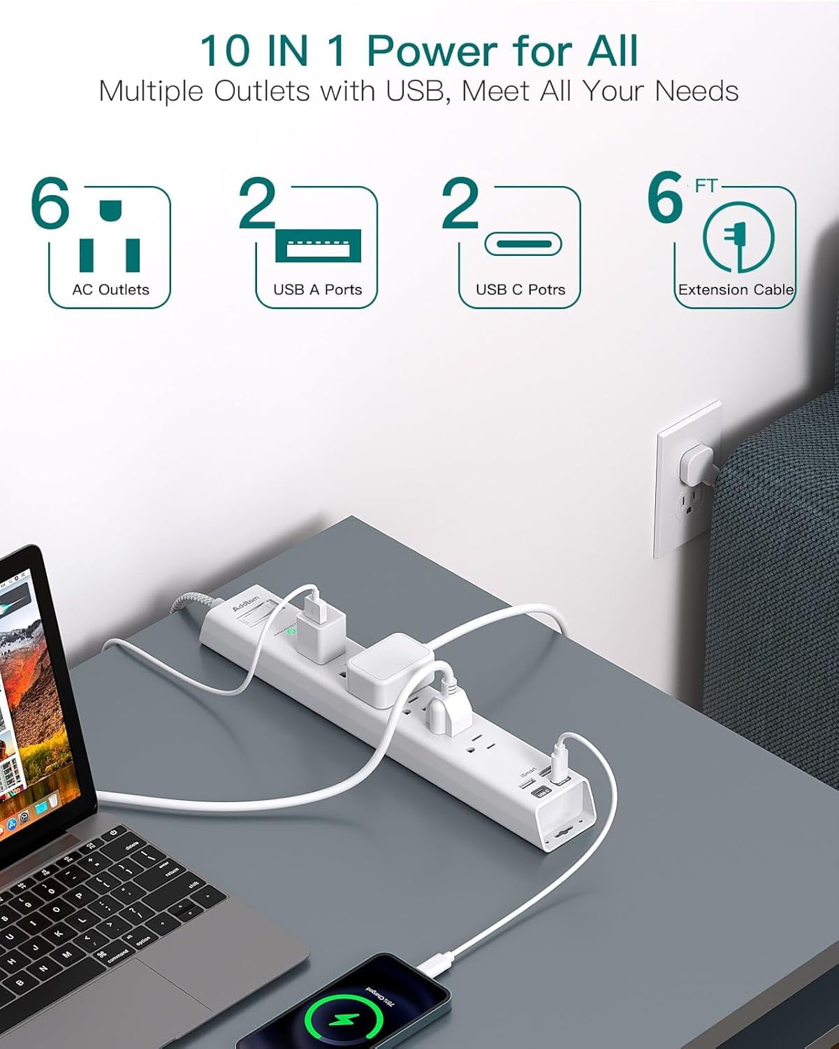 PYYAN-6 Ft Power Strip Surge Protector - Flat Extension Cord with 6 AC ...