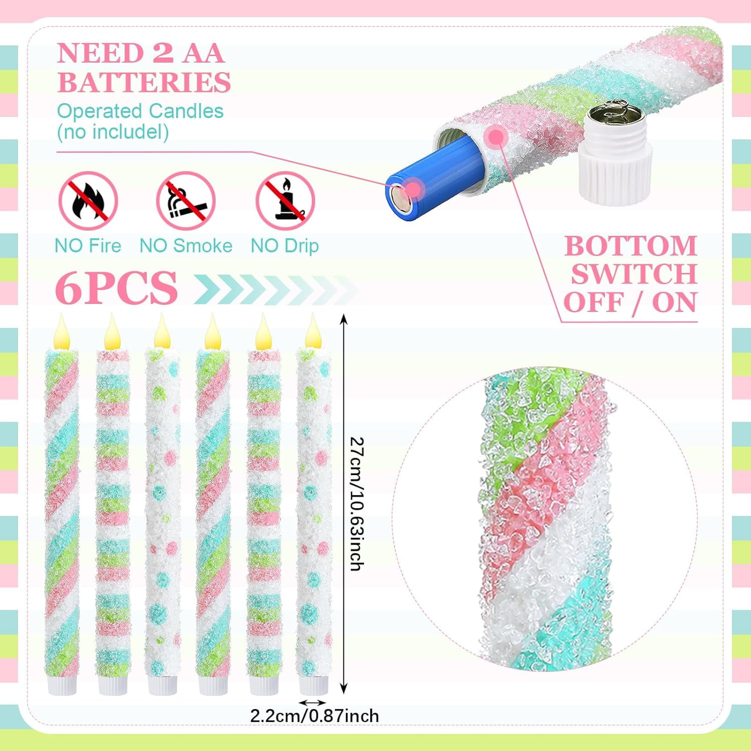 PYYAN-6 Pcs Candy Theme Flameless Taper Candles 10.6 Inch Colorful ...