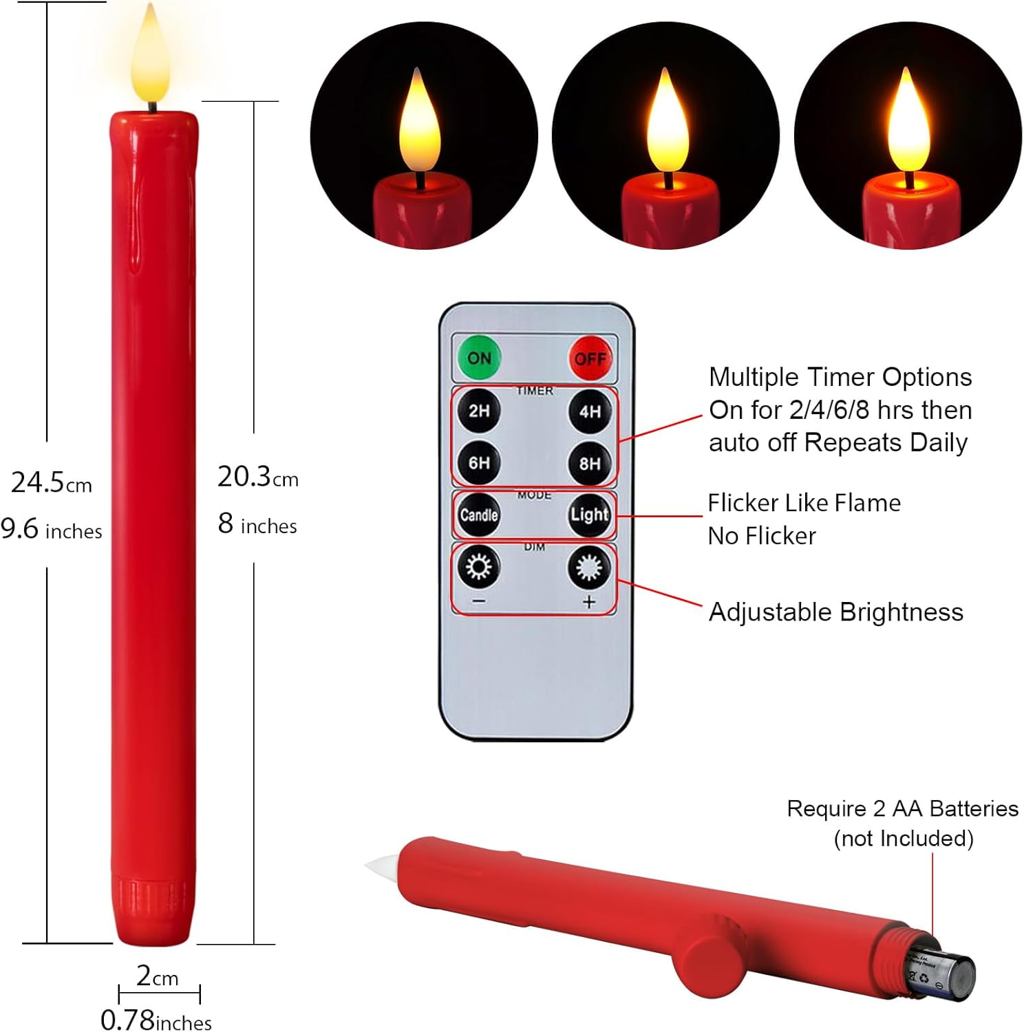 PYYAN-6 Pcs Flameless Taper Candles with Remote Timer Dimmer, Red ...