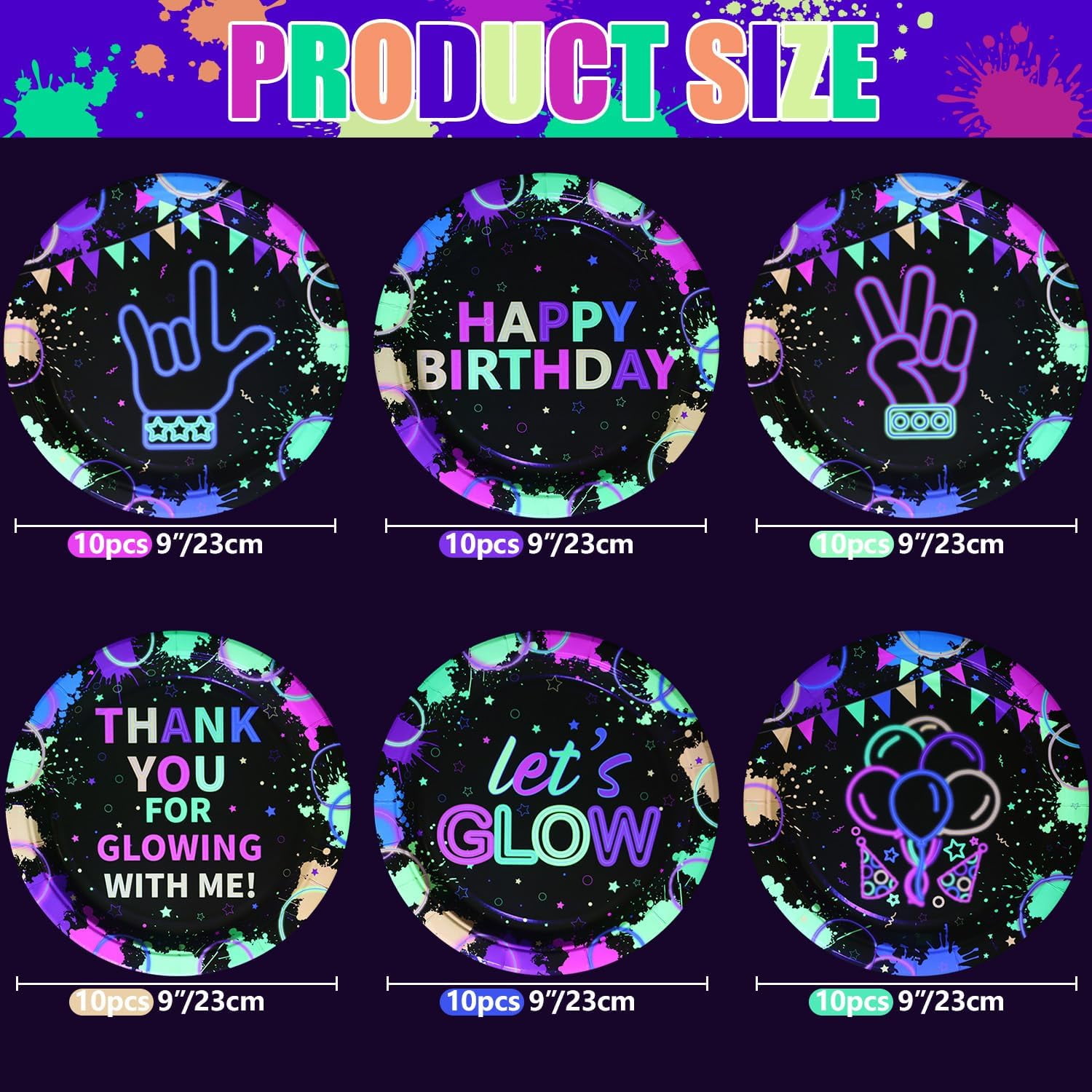 PYYAN-60 Pcs Neon Plates, 9'' Neon Party Decorations Paper Plates for ...