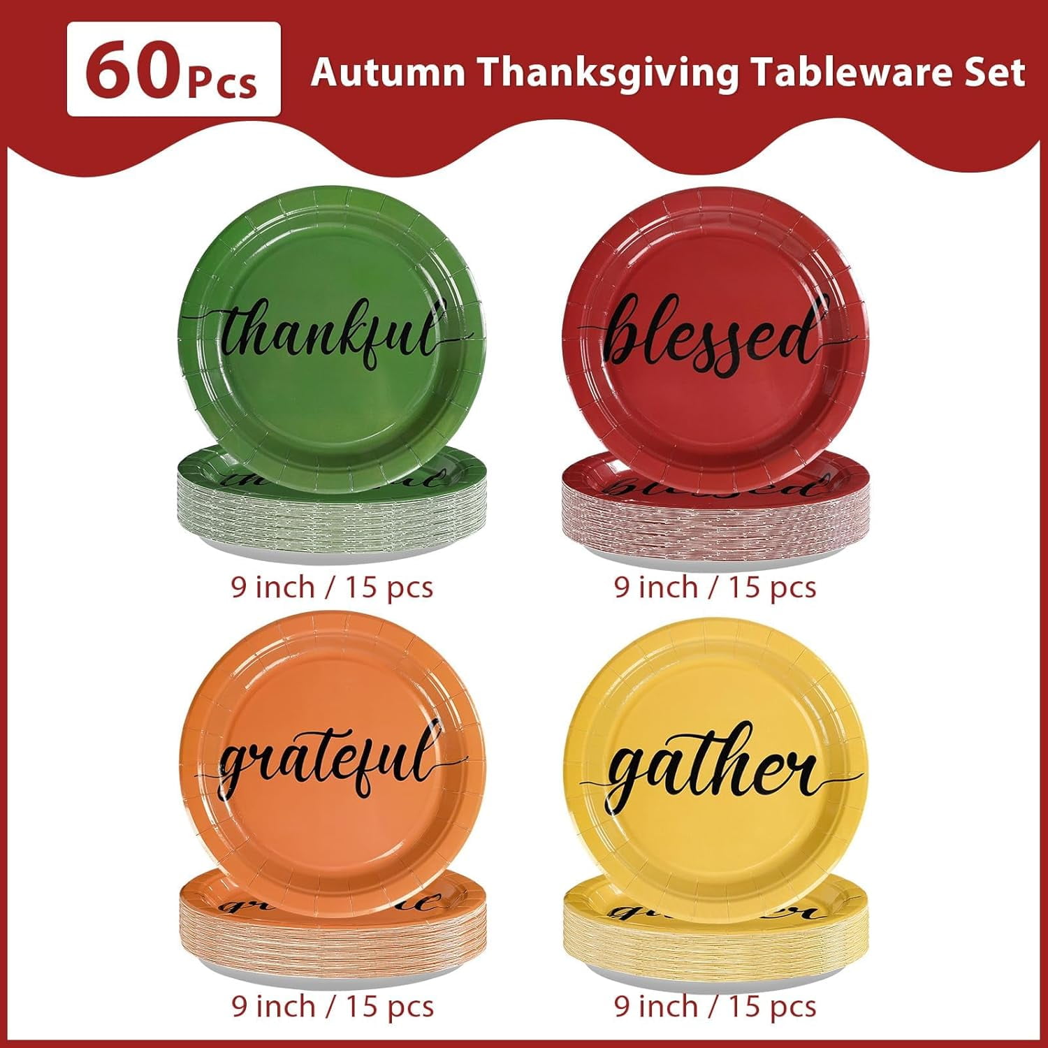 PYYAN-60Pcs Fall Thanksgiving Paper Plates 9 Inch Heavy Duty Autumn ...