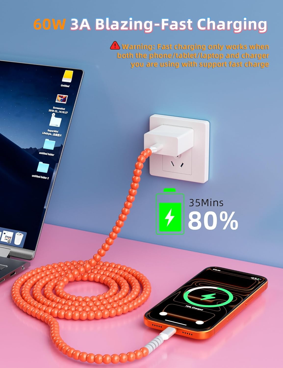 PYYAN-60W Beaded USB C to USB C Charger Cable 3FT for iPhone 17 Pro Max ...