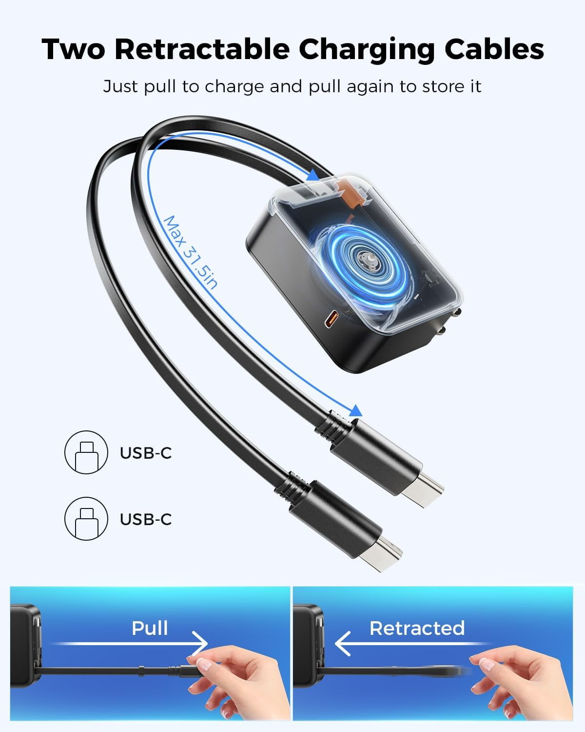 PYYAN-62W Retractable Wall Charger with Dual Cables, 3-Port USB C ...