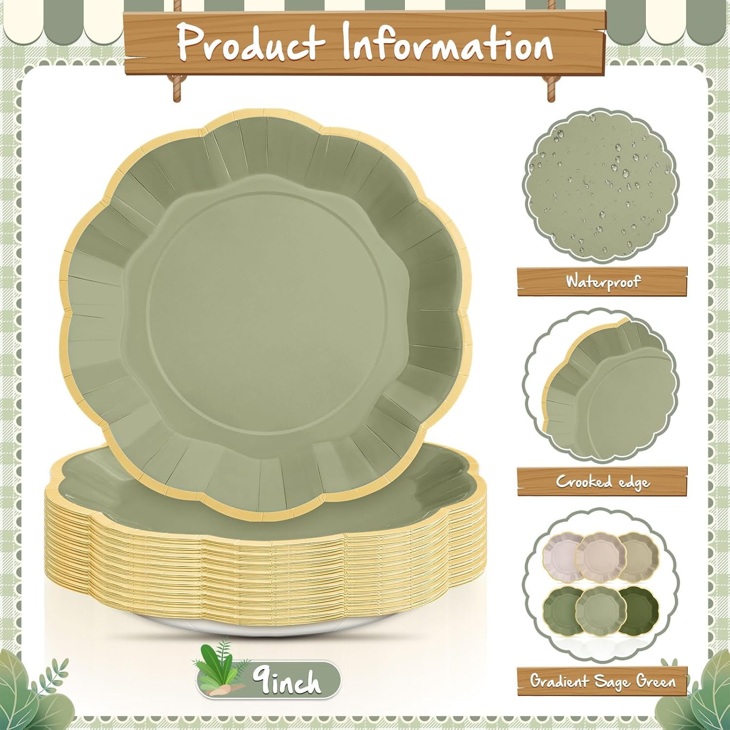 PYYAN-72 Pcs Sage Green Color Paper Plates 9 Inch Green Gradient ...