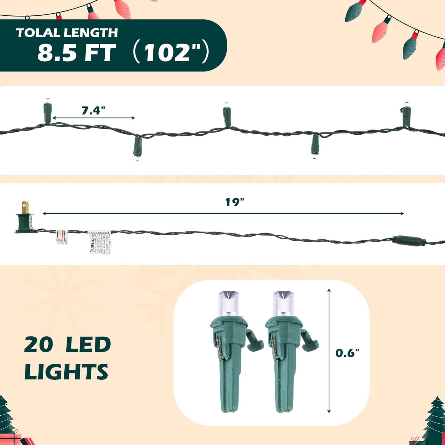 PYYAN-8.5 feet 20 Light Christmas Mini Lights String, Warm White LED ...