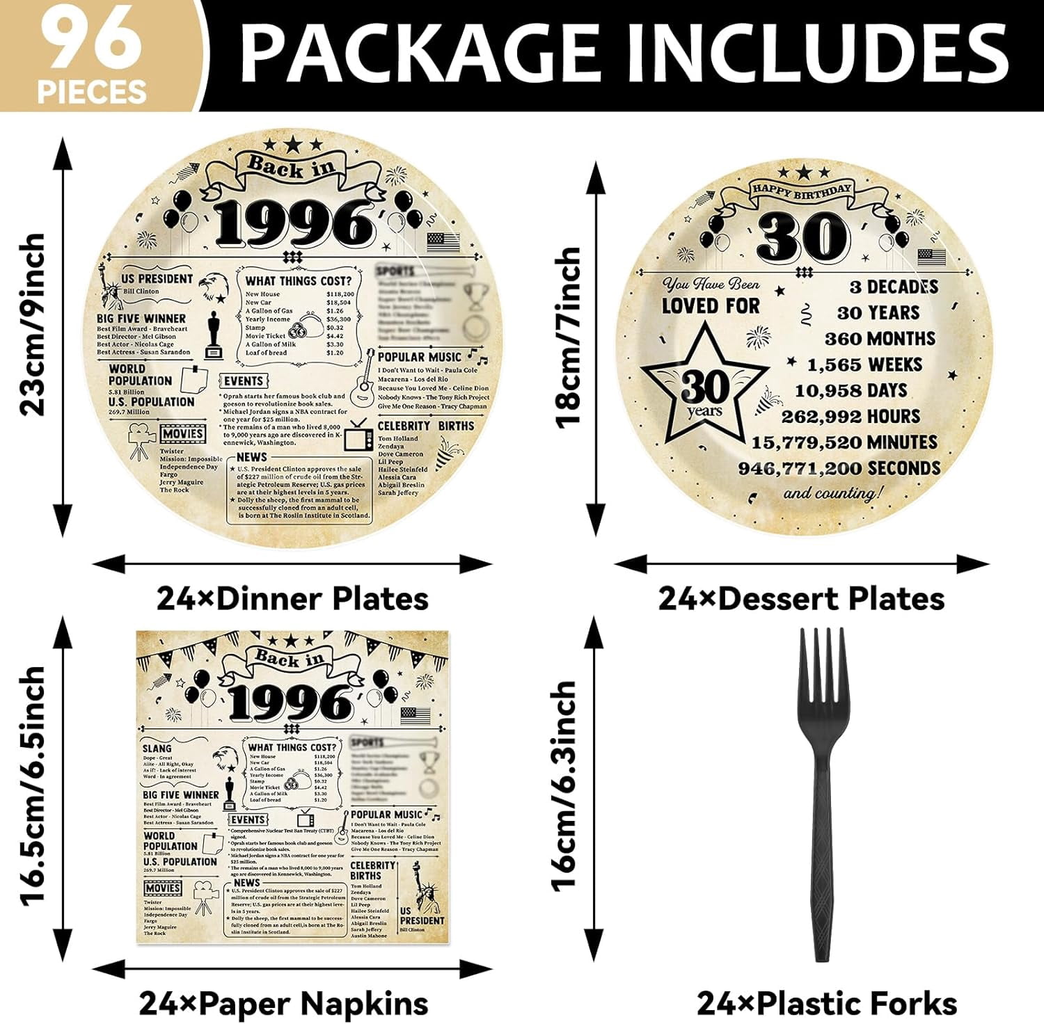 PYYAN-96Pcs 30th Birthday Plates and Napkins Back in 1996 Party ...