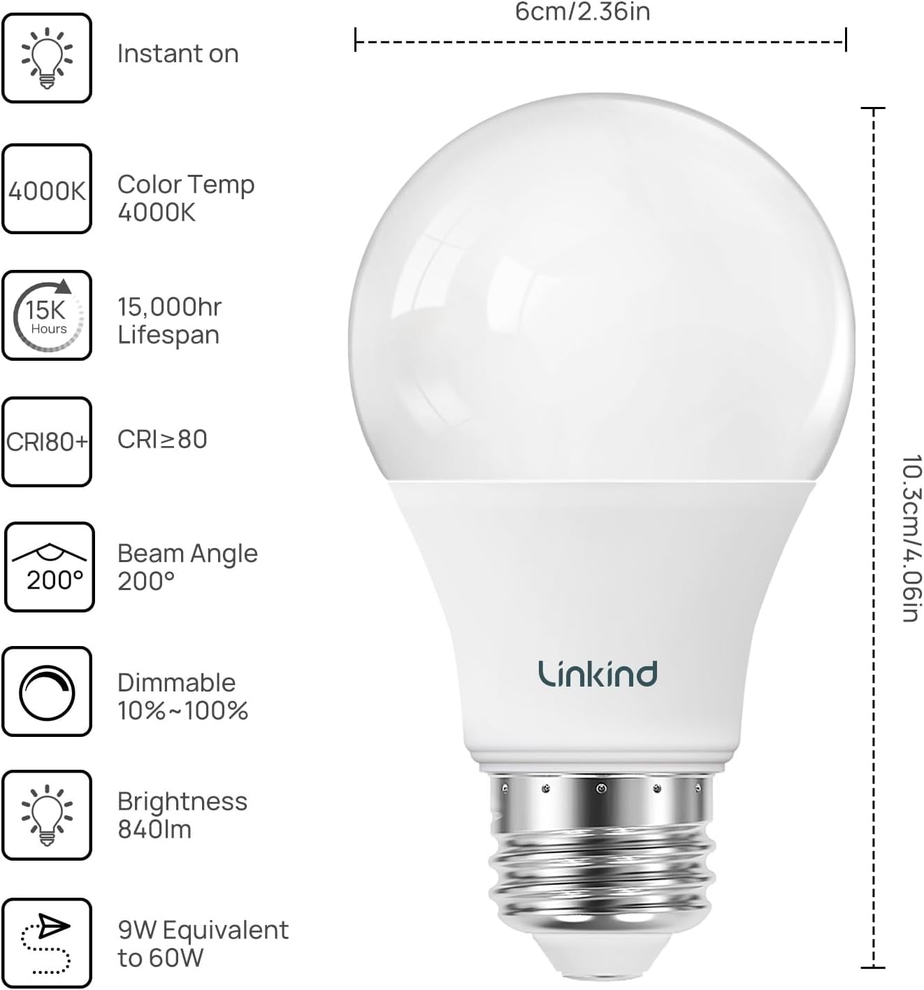 PYYAN-A19 LED Light Bulbs, 60W Equivalent Dimmable Light Bulbs, 4000K ...