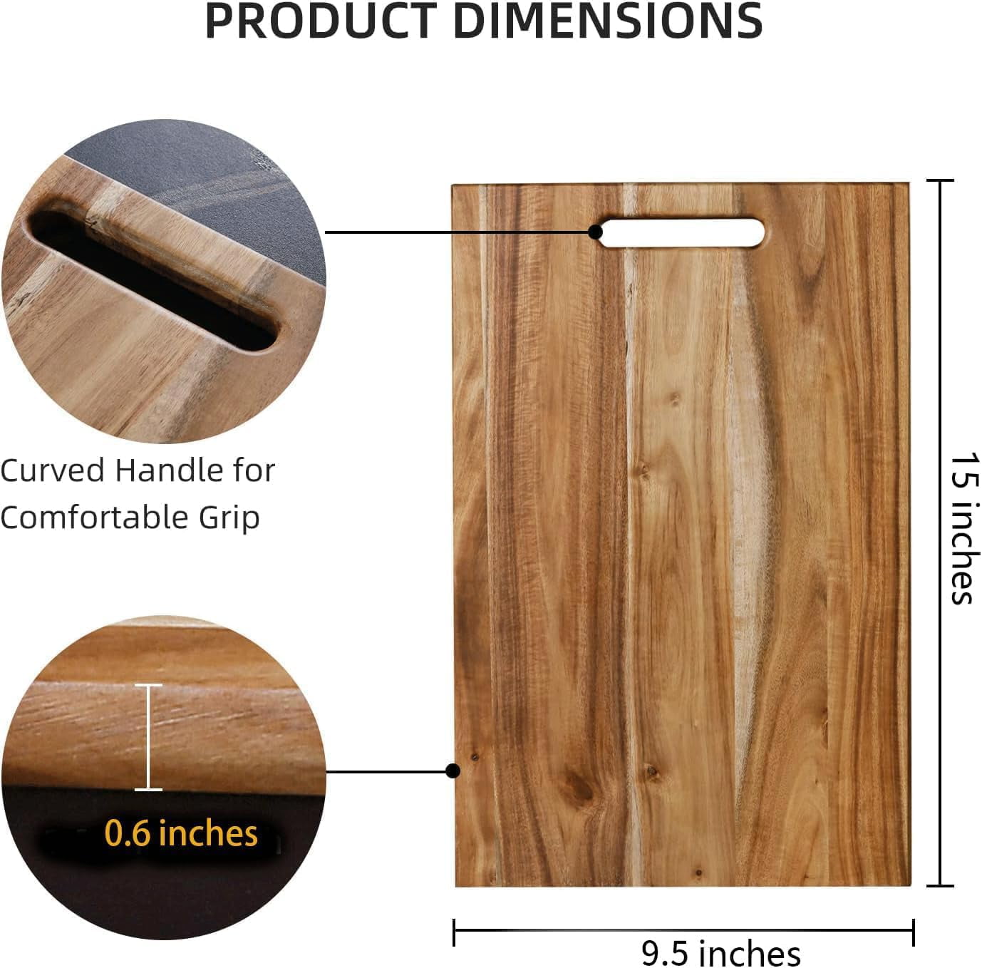 PYYAN-Acacia Wood Cutting Board with Hand Grip 15" x 9.5" Inch, Wooden ...