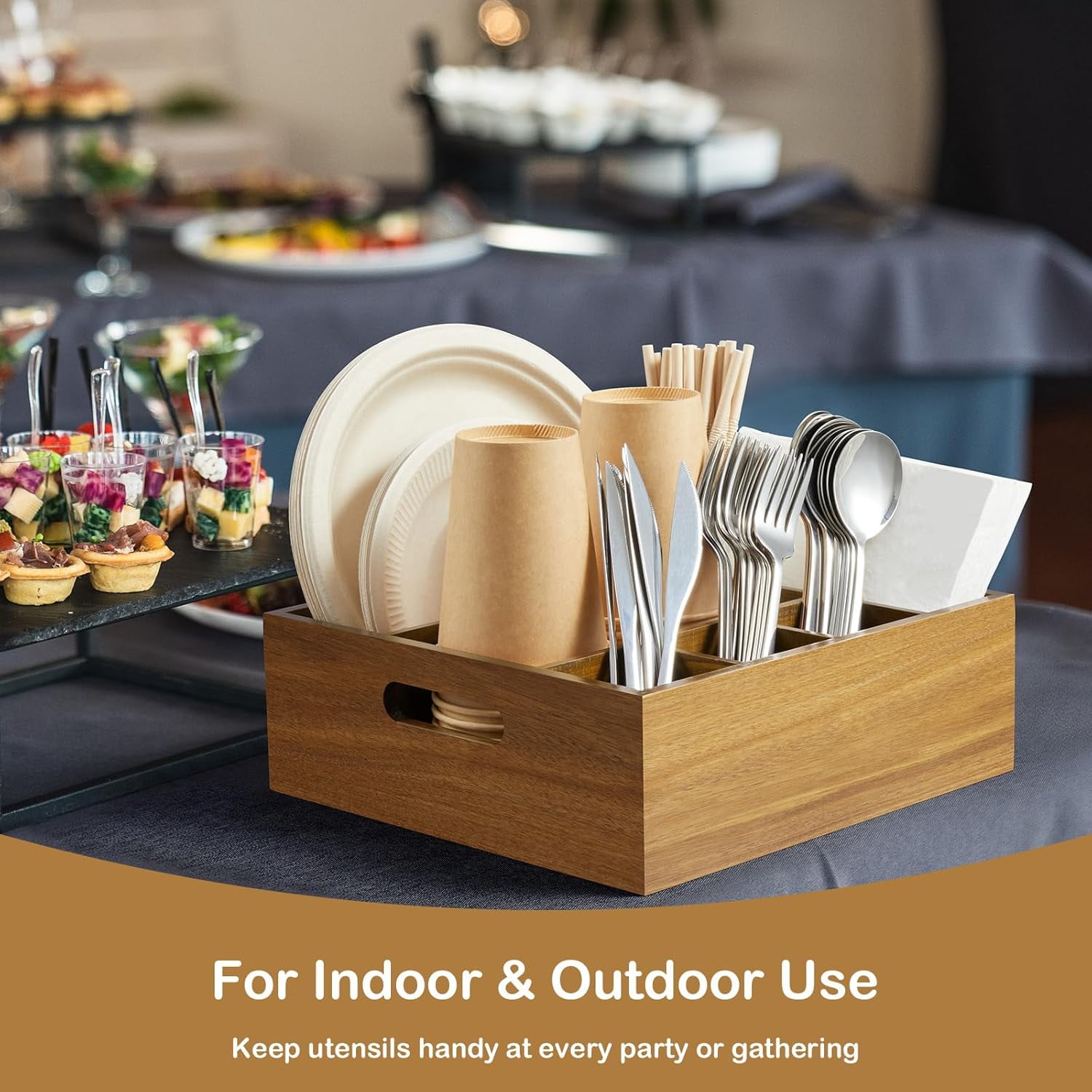 PYYAN-Acacia Wood Utensil Holder for Party, 6-Compartment Paper Plate ...