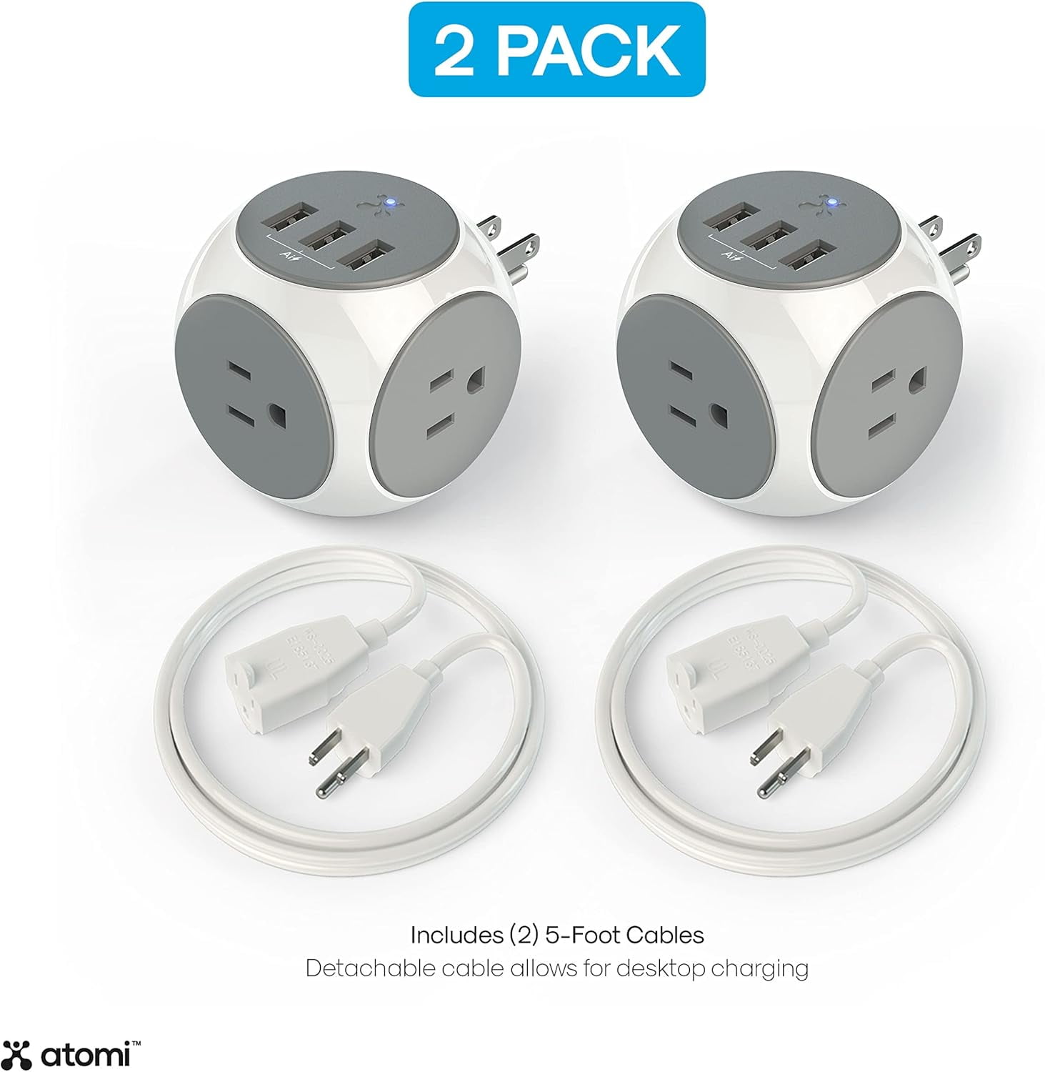 PYYAN-Atomi Power Cube 2-Pack – 3AC Outlets + 3 Smart USB Ports + 5-ft ...