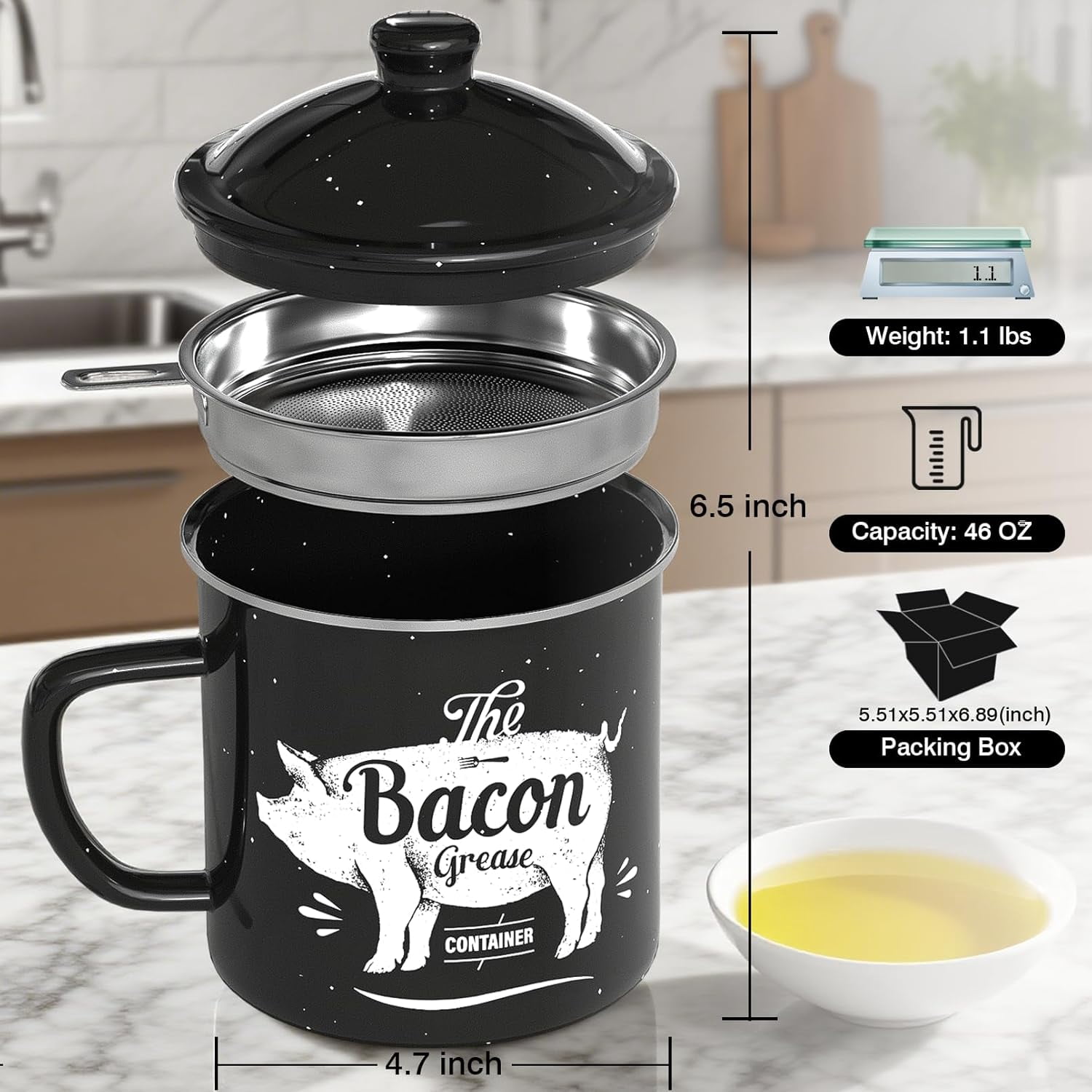 PYYAN-Bacon Grease Container With Strainer, 46OZ Large Enamel Grease ...