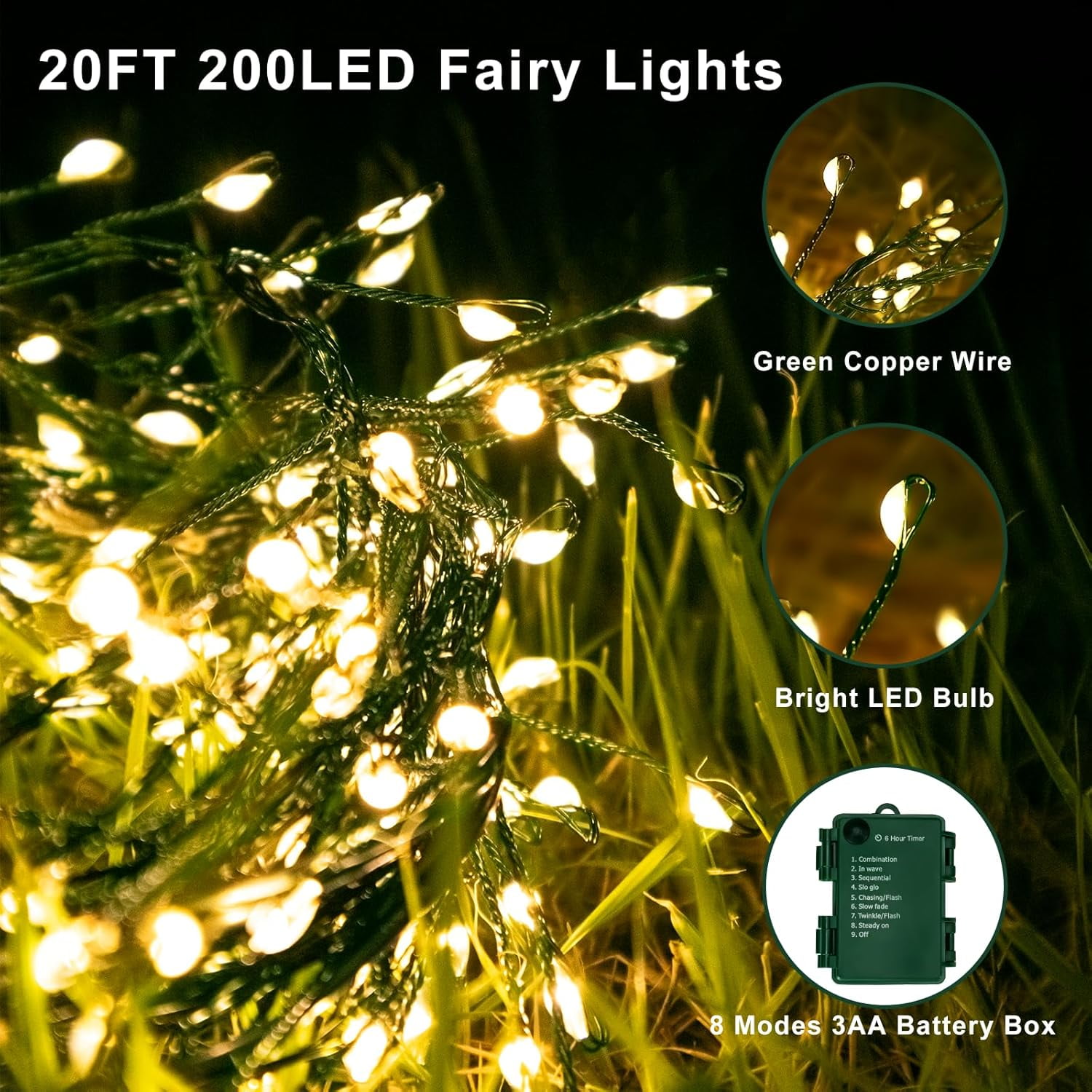 PYYAN-Battery Operated Christmas Cluster Lights, 20FT 200 Micro LED ...