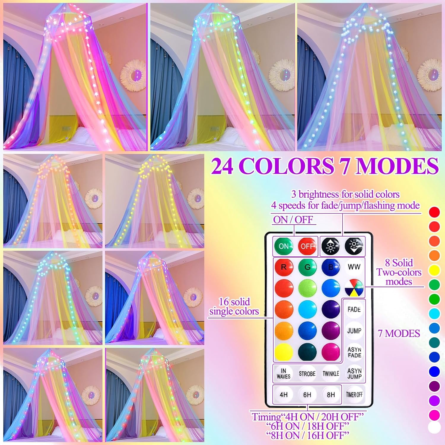 PYYAN-Bed Canopy for Girls with Lights, Rainbow Canopy Bed Curtain with ...