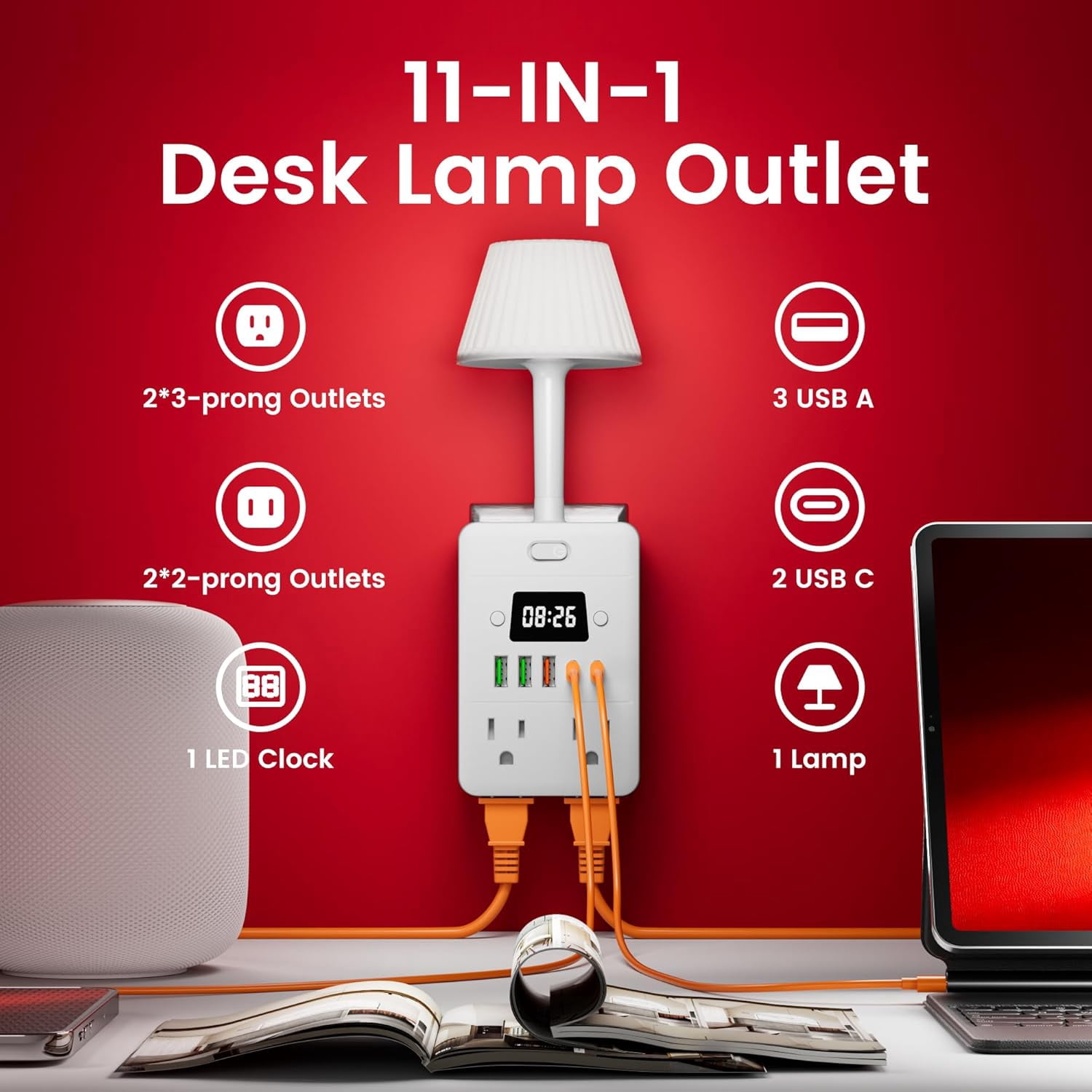 PYYAN-Bedside Power Strip with Lamp & Digital Clock, 4 Outlets 5 USB ...