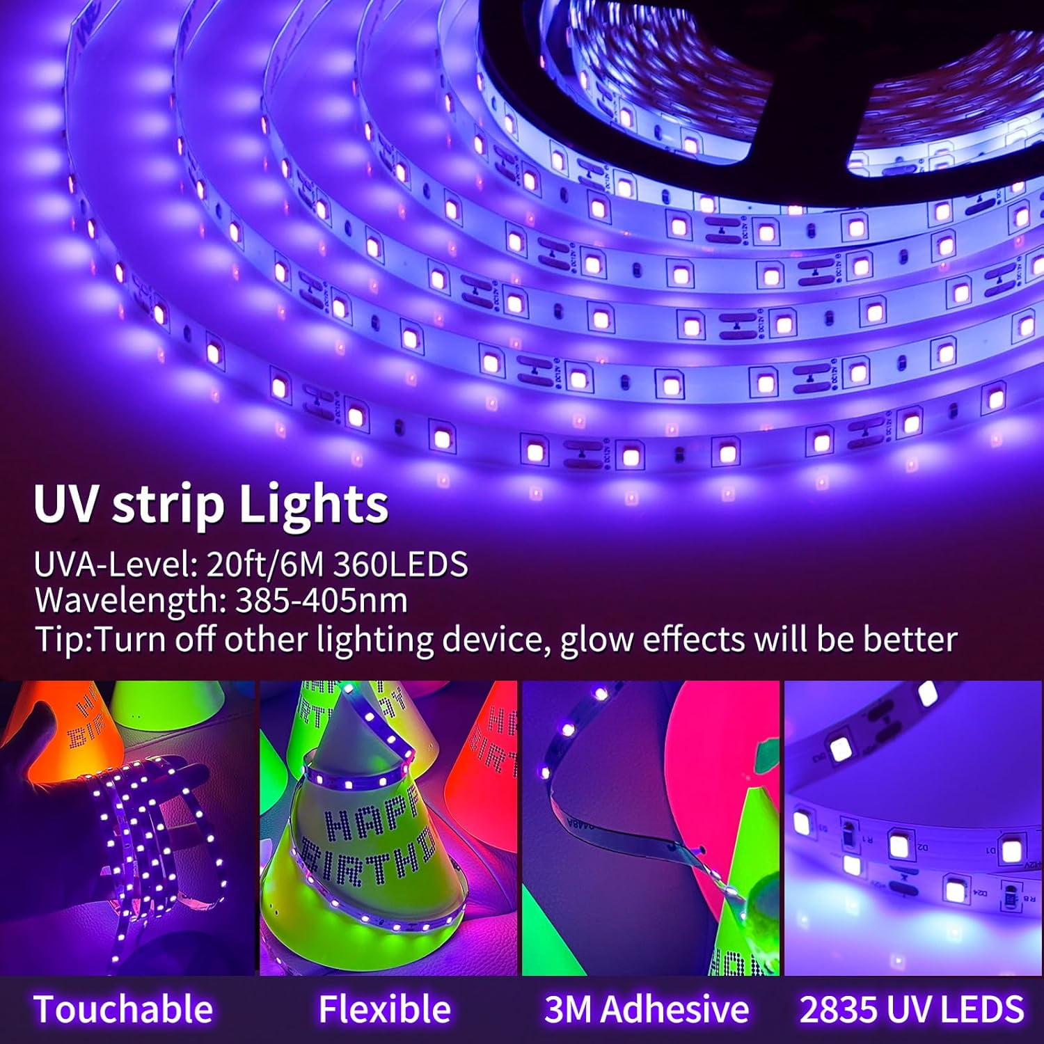 PYYAN-Black Light Strip, 20ft/6M Flexible LED Black Light with kit, 360 ...