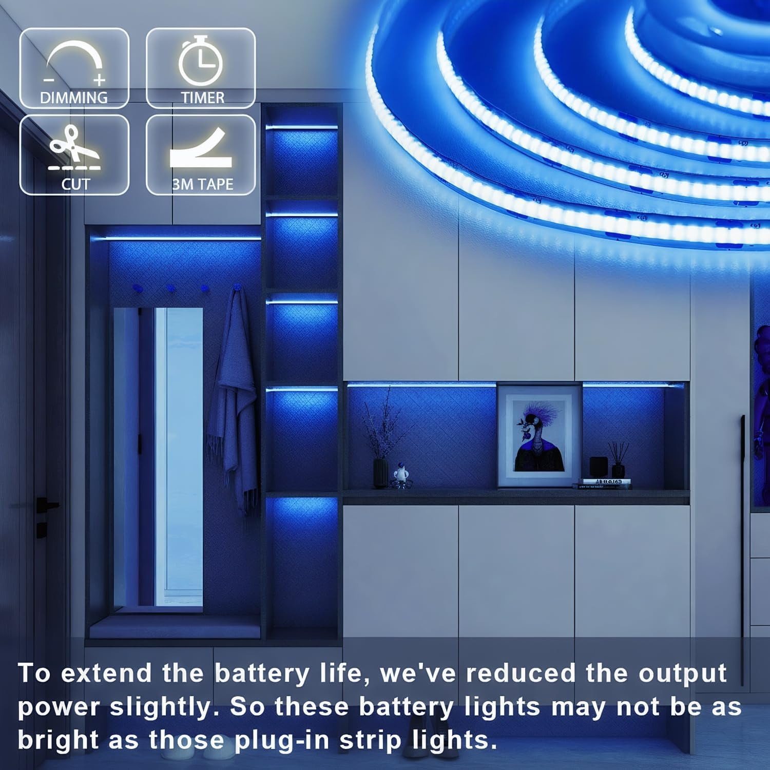 PYYAN-Blue COB LED Strip Lights Battery Powered with Remote, 6.56FT ...