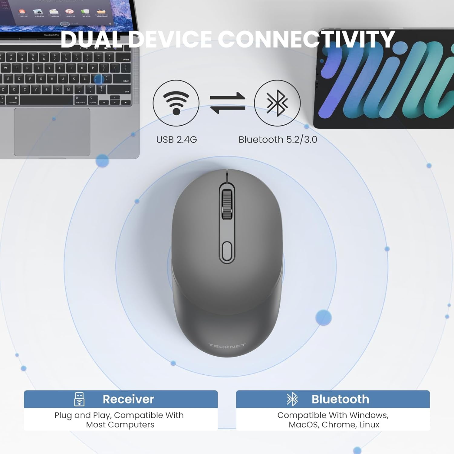 PYYAN-Bluetooth Wireless Mouse, Bluetooth 5.0 & 2.4G USB Receiver ...
