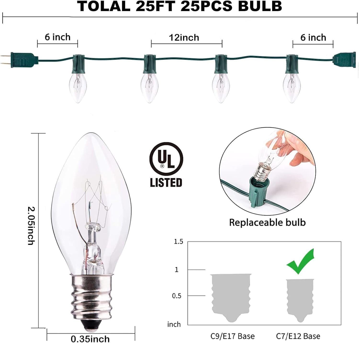 PYYAN-C7 Christmas Lights Outdoor, 25Ft C7 Warm White Christmas ...
