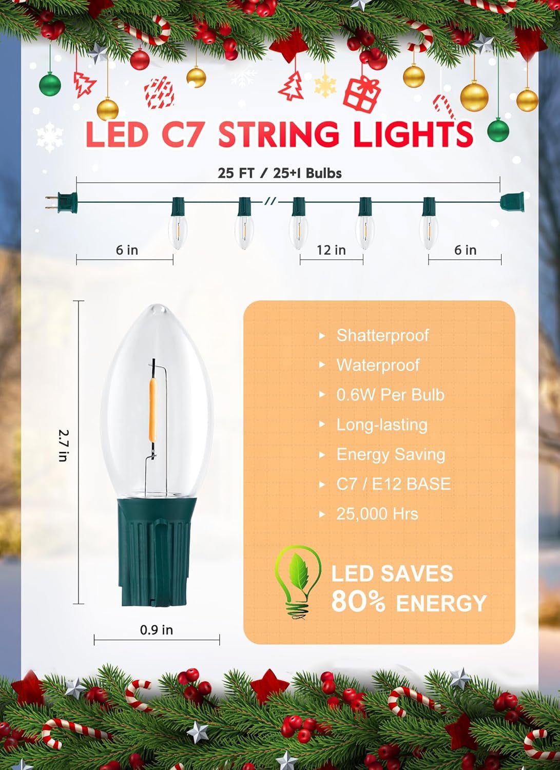 PYYAN-C7 LED Christmas Lights Outdoor, 25FT Vintage Christmas String ...