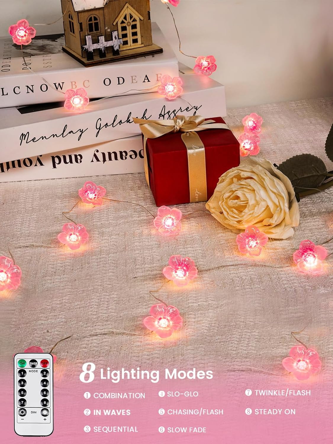 PYYAN-Cherry Blossom Flower String Lights for Bedroom, Pink Fairy ...