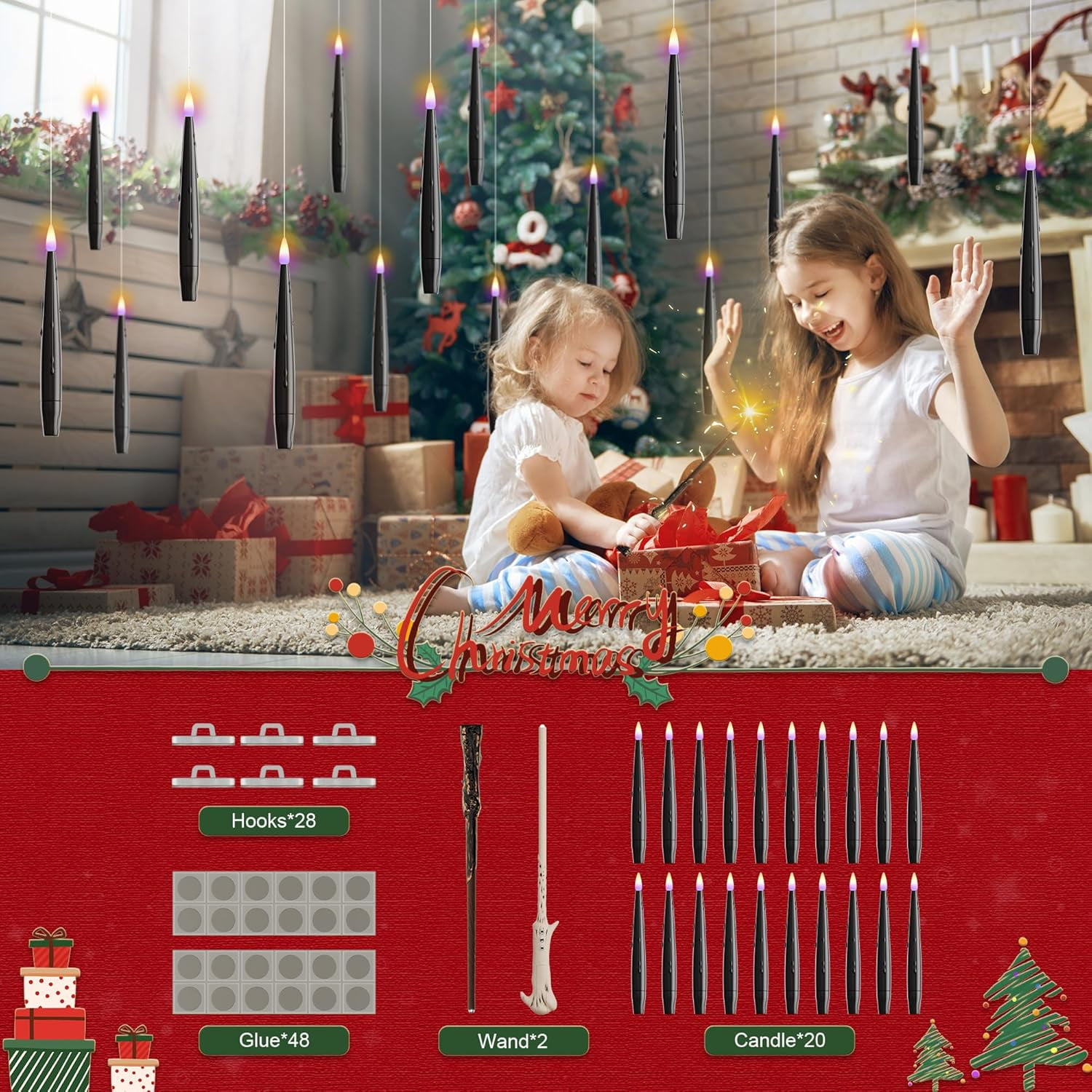 PYYAN-Christmas Floating Candles with Wand, 20 Pack Hanging Candles ...