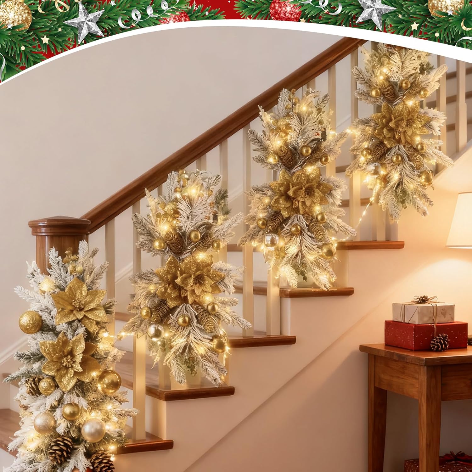 PYYAN-Christmas Teardrop Swag for Decorating, 24" Prelit Cordless Stair ...