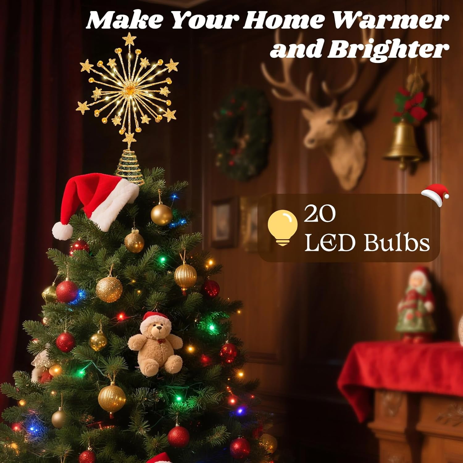 PYYAN-Christmas Tree Topper, 13'' Metal Twinkly Xmas Starburst Tree ...